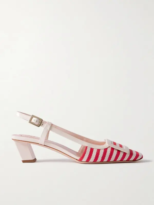 ROGER VIVIER Belle Vivier 45 Patent-leather Trimmed Striped Canvas Slingback Pumps - Pink