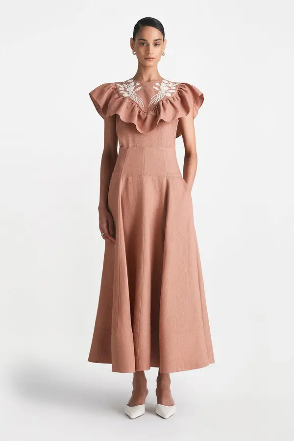 Lela Rose Corded Floral Embroidery Linen Flutter Sleeve Top