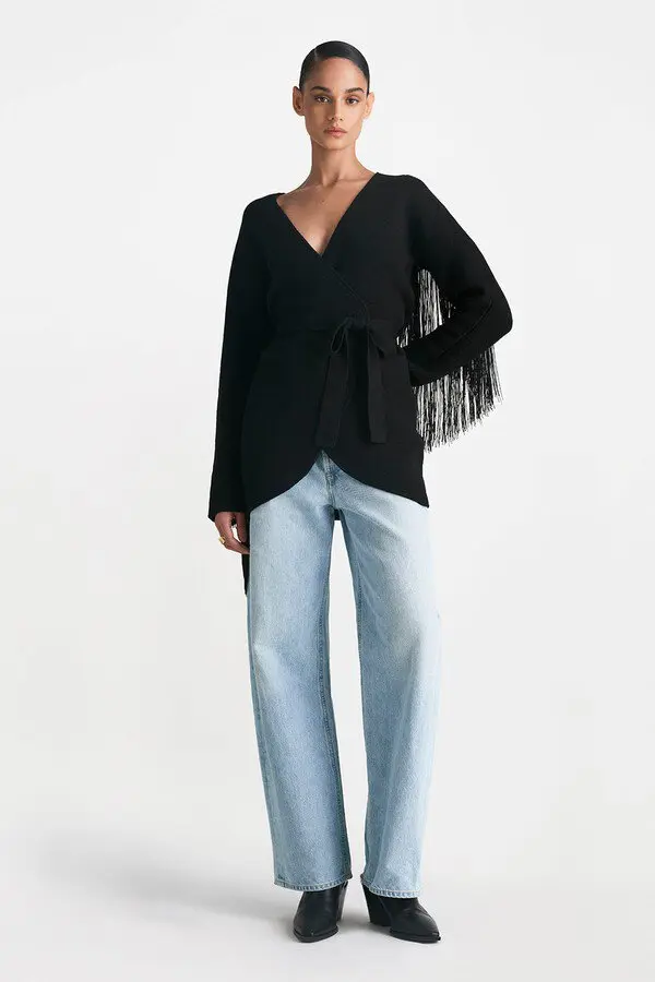 Lela Rose Fringe Back Merino Wool Cardigan