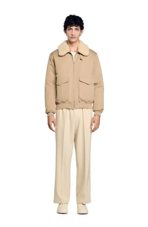 Sandro Shearling Collar Aviator Jacket - Sand
