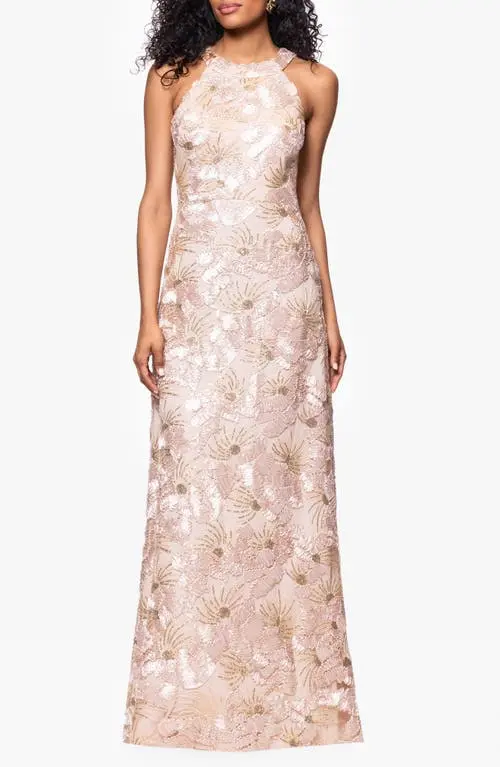 Betsy & Adam Sequin Floral Gown