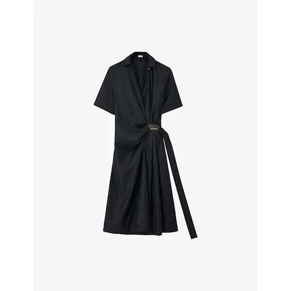 Loewe Draped Short-Sleeve Wool-Blend Midi Shirt Dress 6 - Navy/Grey ...