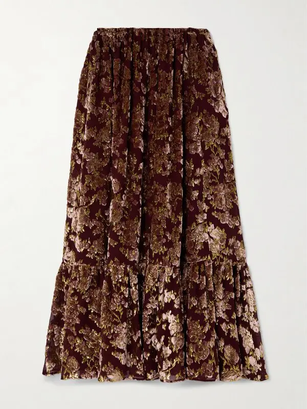 Saint Laurent Tiered Metallic Devoré-velvet Maxi Skirt