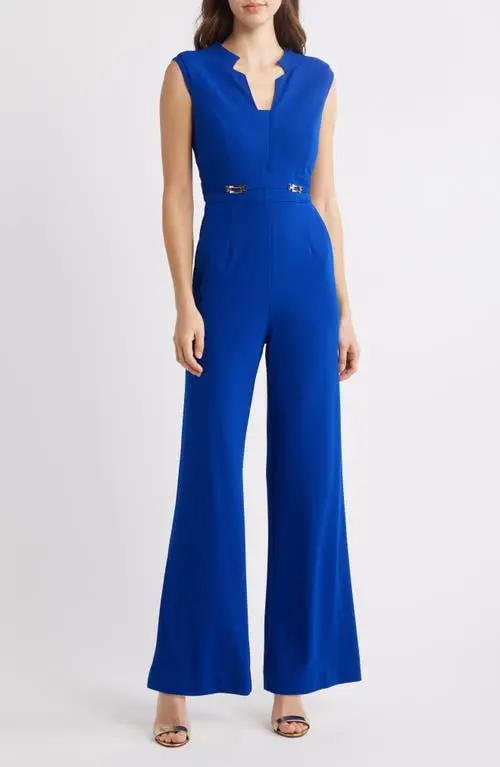 TAHARI ASL Notched Neck Sleeveless Jumpsuit - Cobalt