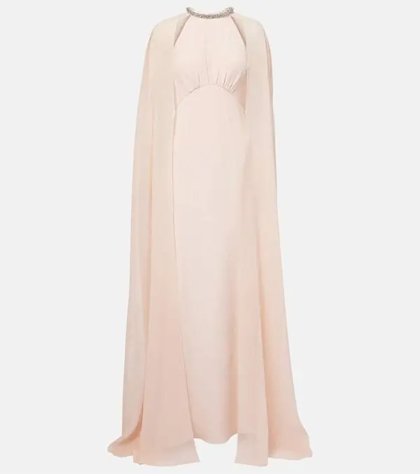 Roland Mouret Embellished Caped Silk Chiffon Gown