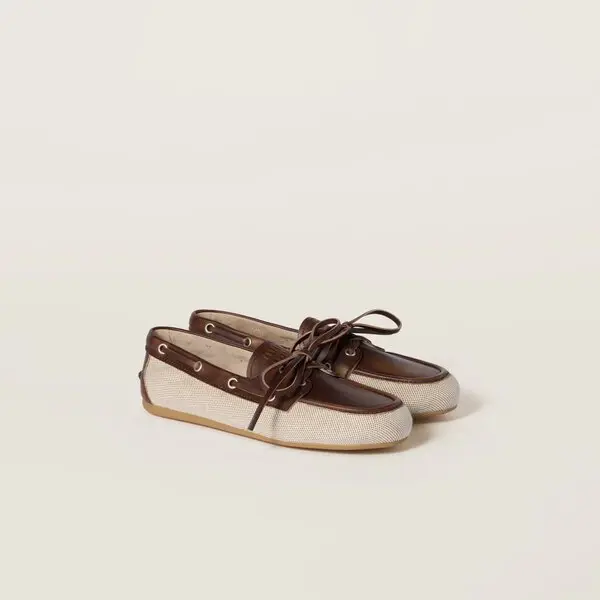Miu Miu Canvas And Bleached Leather Boat Shoes - Beige/brown
