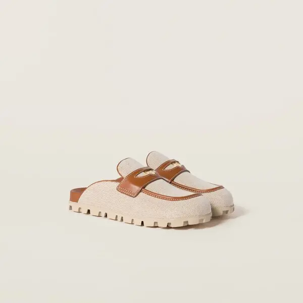Miu Miu Canvas And Leather Mules - Beige/brandy