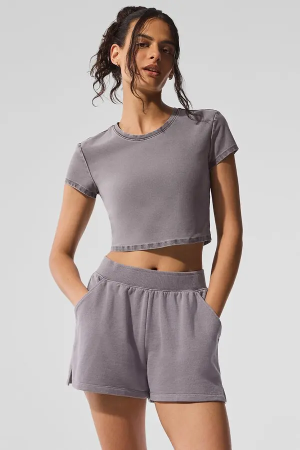 Alo Yoga Washed Alosoft Crop Finesse Short Sleeve Top - Cool Grey Wash