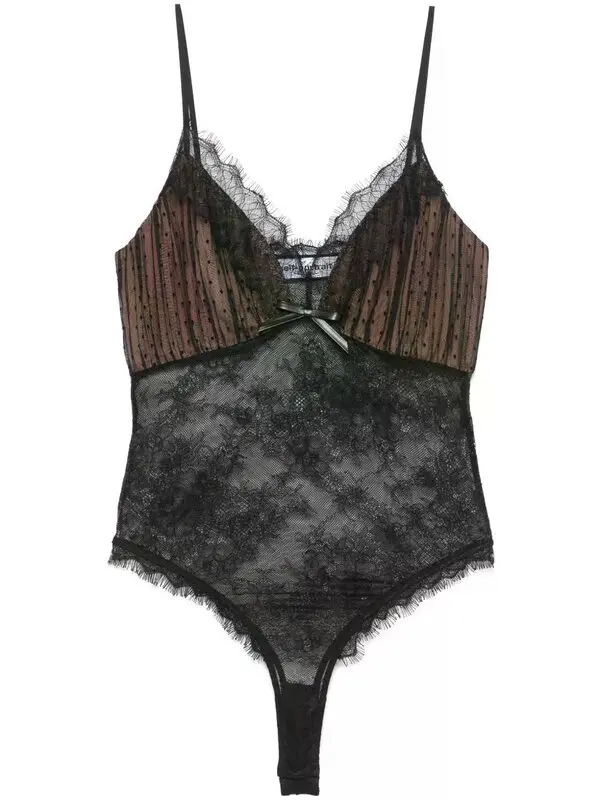 SELF-PORTRAIT Dot-pattern Mesh Bodysuit - Black