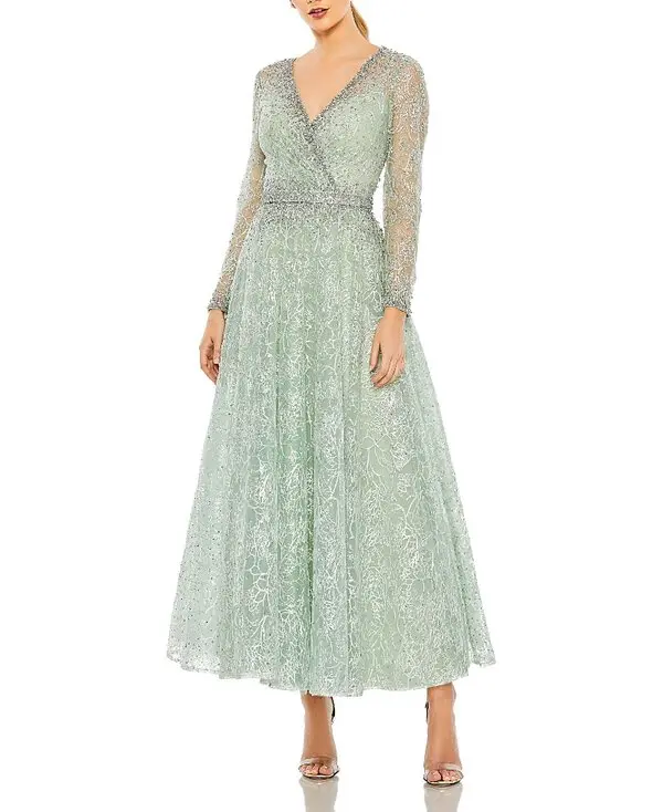 Mac Duggal Embellished Wrap Midi Dress - Sage
