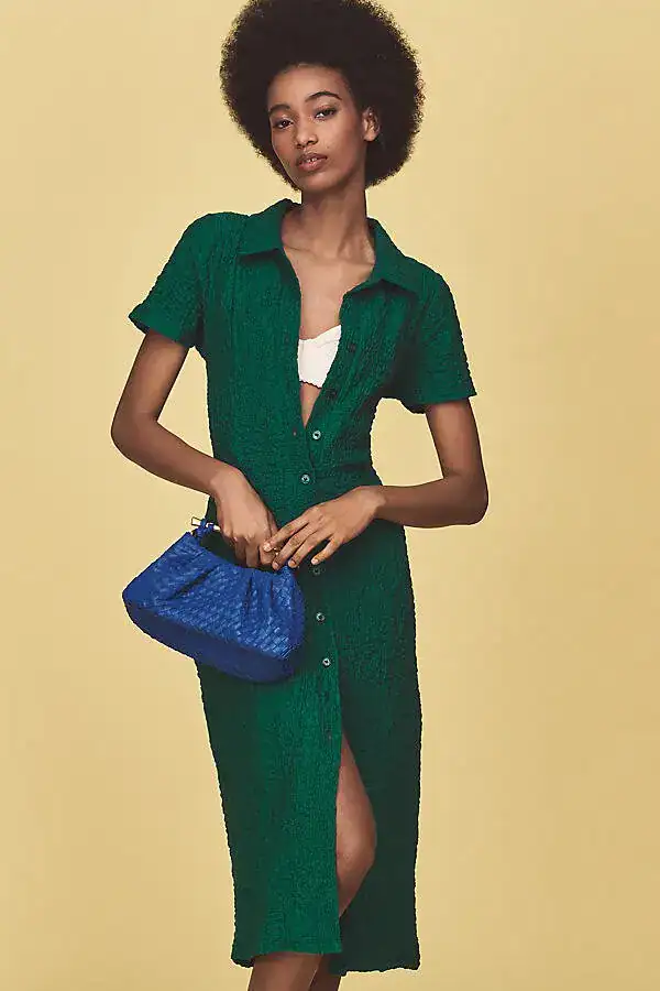 Short-sleeve Collared Textured Midi Shirt Dress - Green
