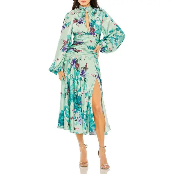 Mac Duggal Floral Print Satin Gown