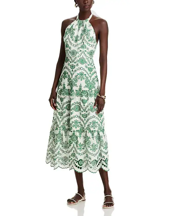 Milly Hayden Eyelet Midi Dress - White/Green | Editorialist