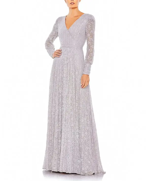 Mac Duggal Beaded Lace Long Sleeve Gown - Lavender