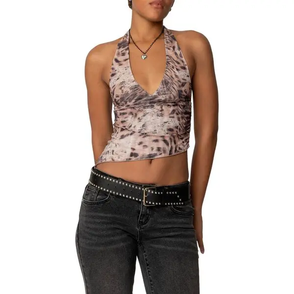 EDIKTED Print Asymmetric Mesh Halter Top
