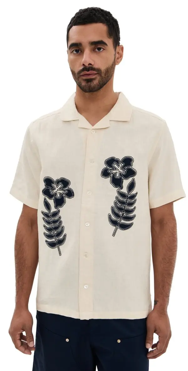 FAR AFIELD Stachio Floral Flock Linen Shirt - White