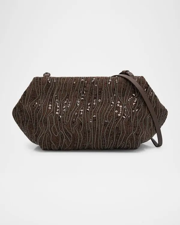 Brunello Cucinelli Pleated Mesh Monili Clutch - Coffee Bean