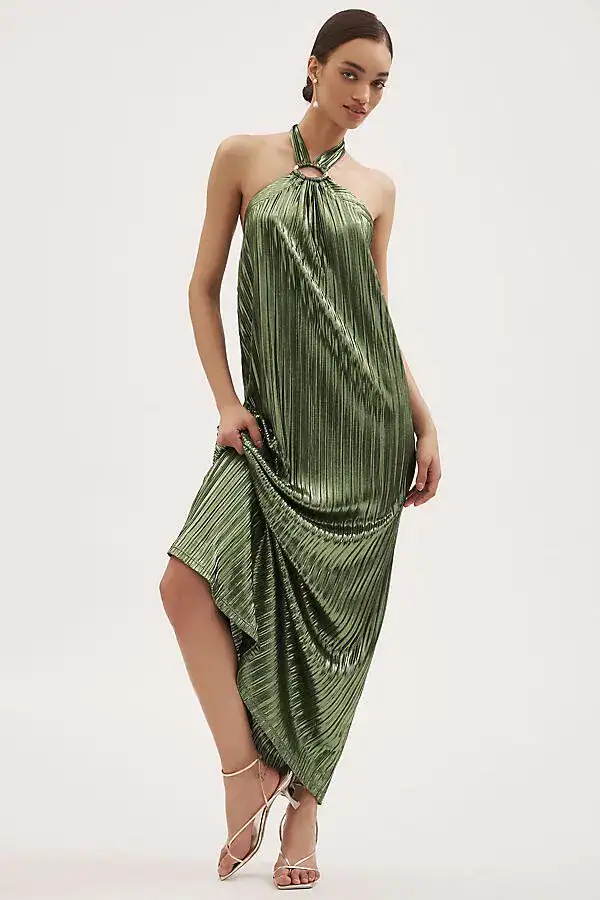 Nightcap Metallic Pleated Halter Gown - Green | Editorialist