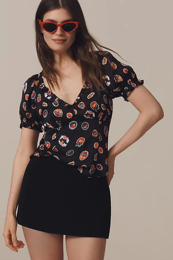 Maeve Puff-sleeve Popover Blouse - Black Pattern