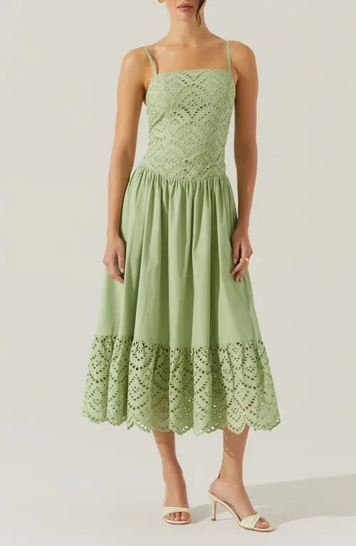 Astr The Label Nathalia Eyelet Embroidered Cotton Midi Dress - Sage
