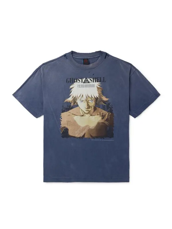 SAINT MXXXXXX Ghost In The Shell Distressed Printed Cotton-jersey T-shirt - Blue