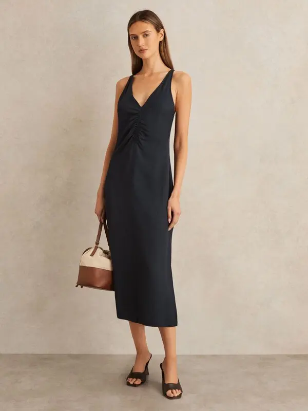 REISS Ruched Sleeveless Midi Dress - Navy