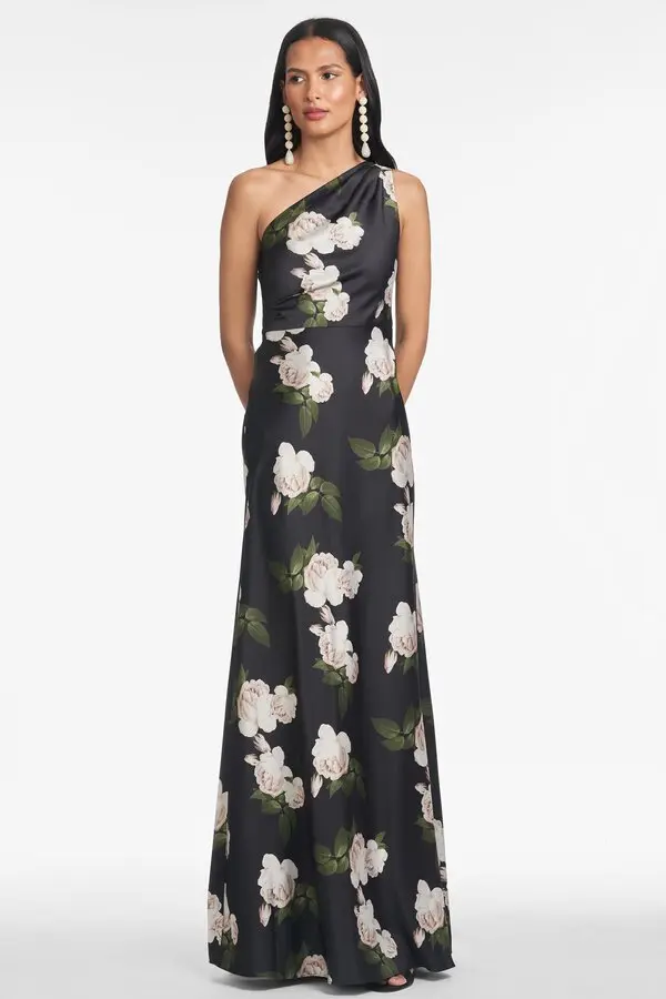 Sachin & Babi Delphine Printed One-shoulder Gown - Obsidian Blooms