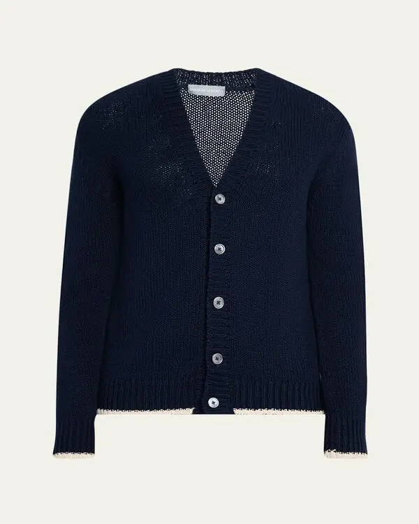 Bergdorf Goodman Cotton Contrast-Trim Cardigan - Navy