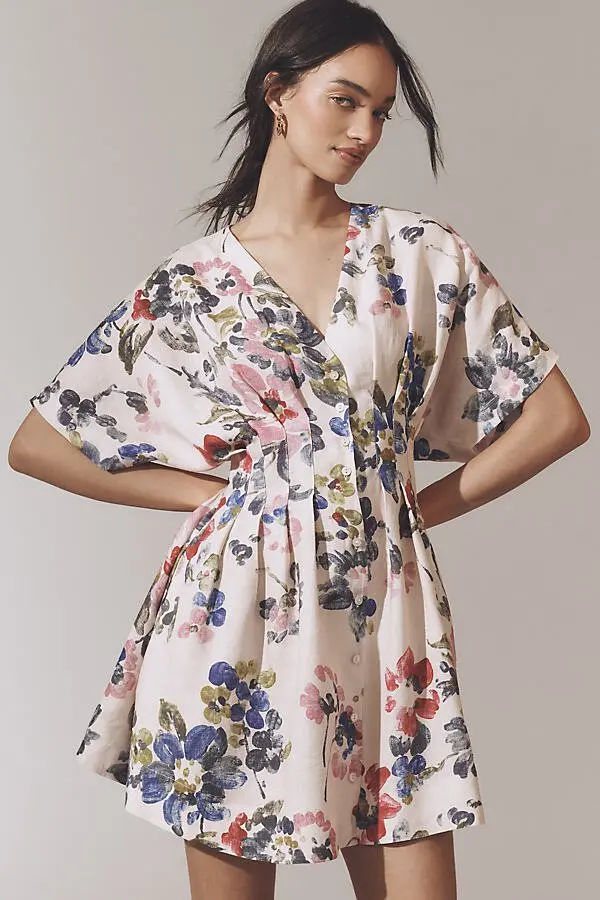 EXQUISE Tobie Linen Pleated Mini Shirt Dress - Neutral Pattern