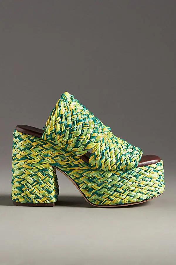 Farm Rio Braided Raffia Platform Slide Sandals - Green | Editorialist