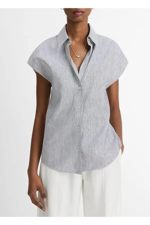 Vince Ticking Stripe Linen-cotton Cap-sleeve Blouse - White