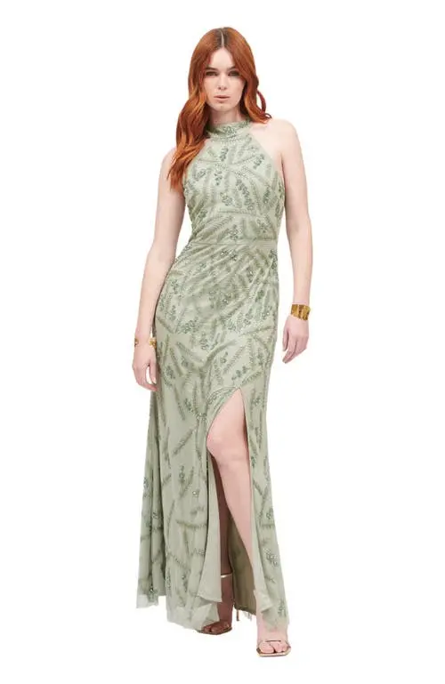 BEAUUT Embellished Sequin Beaded Halter Neck Gown - Sage Green