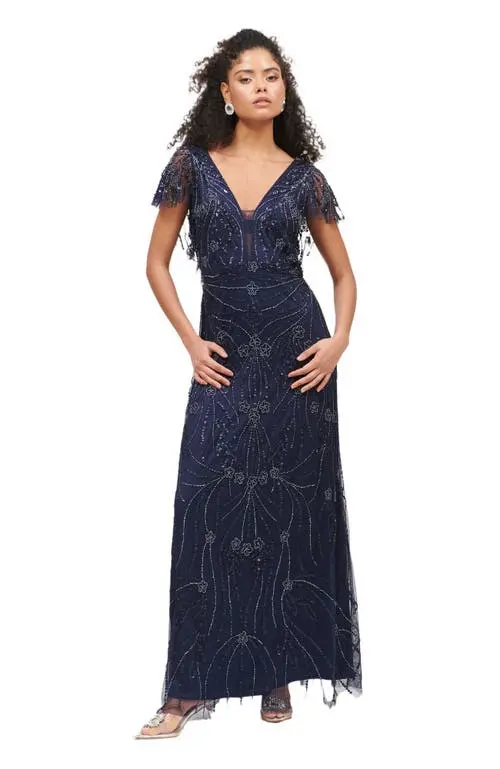BEAUUT Occasion Embellished Sequin Beaded Deep V Neck Evening Maxi Dress