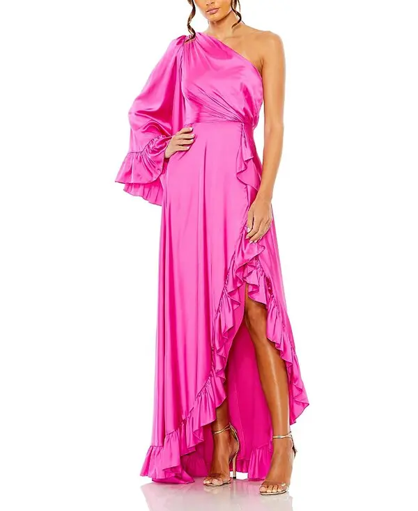 Mac Duggal Long Sleeve Asymmetrical Ruffle Hem Gown