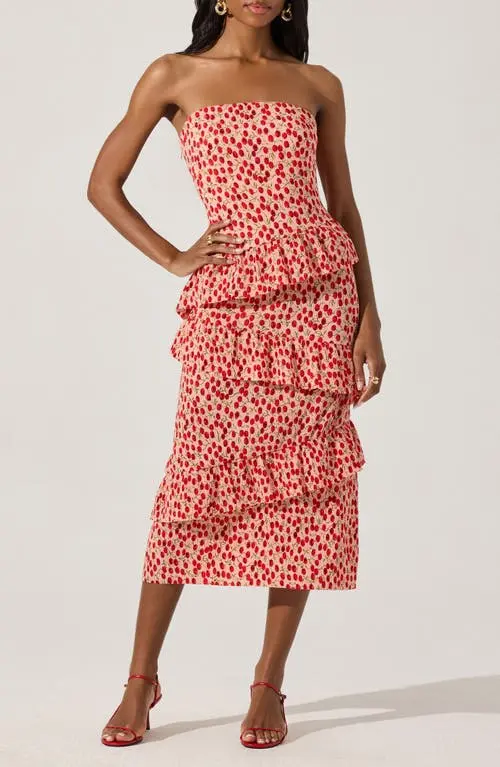 Astr The Label Plissé Asymmetric Tiered Ruffle Strapless Midi Dress - Cherry Print