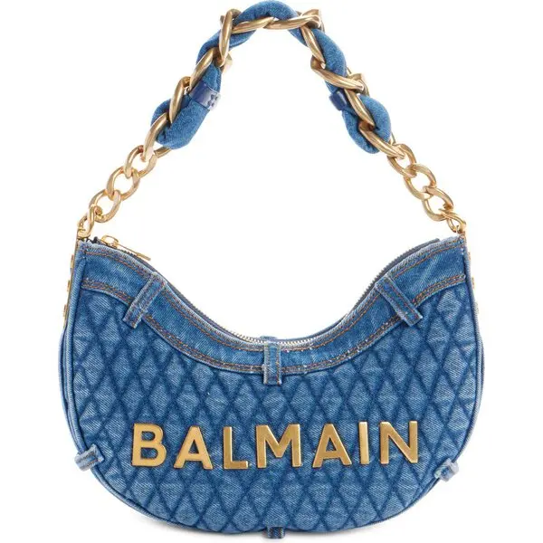 Balmain 1945 Soft Moon Quilted Denim Hobo Bag - 6ff Denim