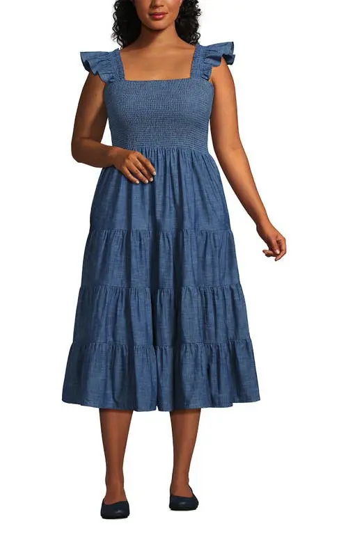 LANDS' END Chambray Smocked Midi Dress With Ruffle Straps - Medium Indigo Chambray
