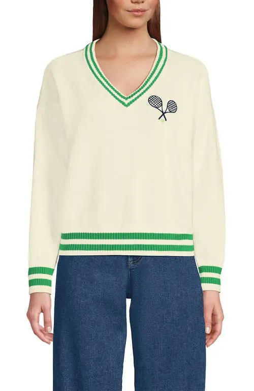 LANDS' END Cotton Drifter Shaker V-neck Sweater - Fresh Ivory/clover Tip