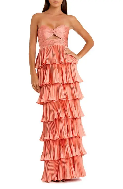 Mac Duggal Pleated Charmeuse Strapless Tiered Ruffle Gown - Terra Cotta