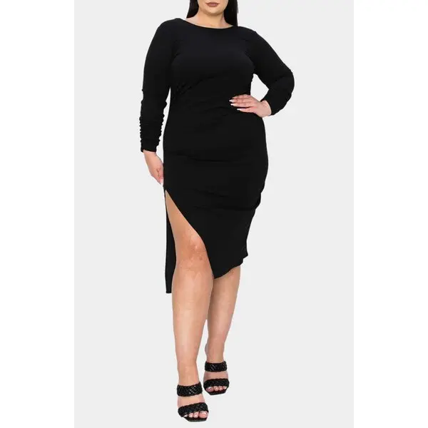 L I V D Bianca Open Back Side Slit Long Sleeve Stretch Dress - Black