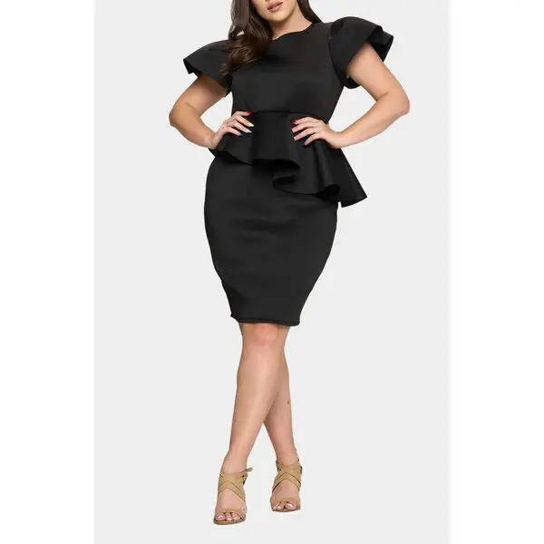 burgundy dresses to wear to a wedding SQUARE NECK PEPLUM BODYCON DRESS – Thick main image 0