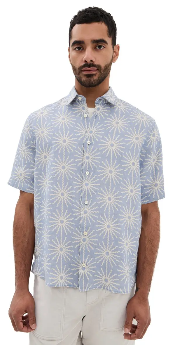 Frescobol Carioca Castro Linen Copa Sol Printed Shirt - Chambray Blue