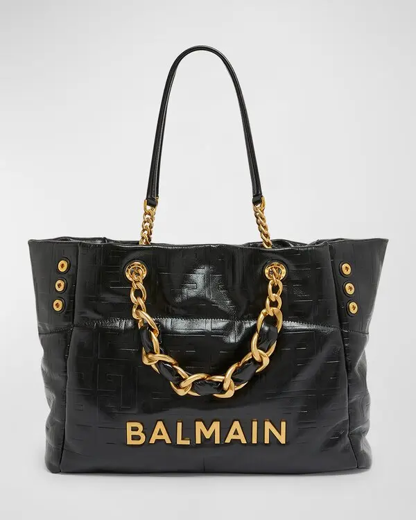 Balmain 1945 Monogram Crinkled Leather Cabas Tote - Noir
