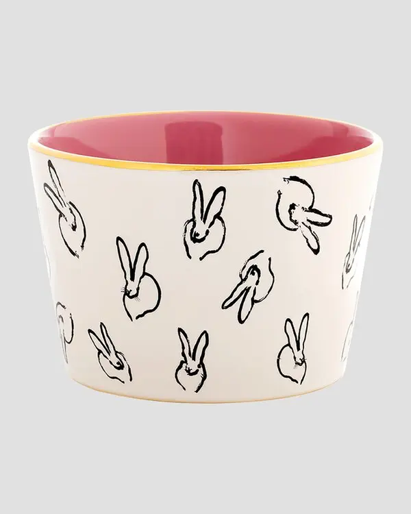 HUNT SLONEM Bunny Bar Bowl In White With Pink Interior