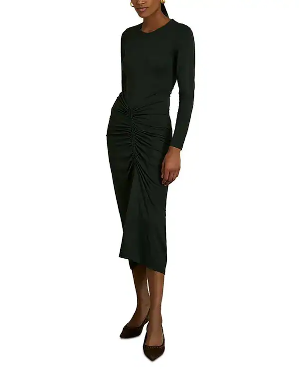 river tam green dress ASTON V NECK LONG SLEEVE SIDE RUCHED MIDI DRESS main image 1