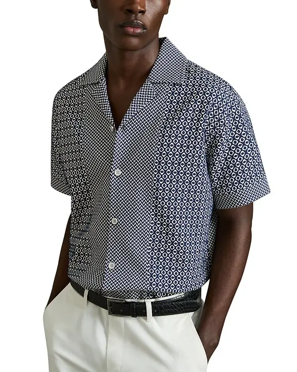 REISS Geo Jacquard Camp Shirt - Navy/white