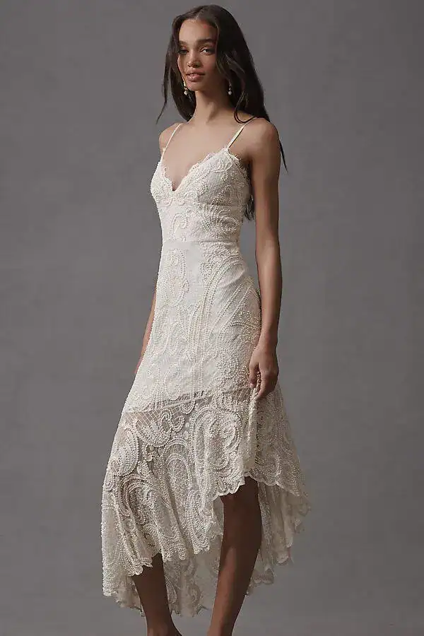 liv foster elara asymmetrical embroidered lace midi dress Cream Deep V-Neck Puff Short Sleeve Asymmetrical Hem Maternity Midi Dr –  PinkBlush main image 0