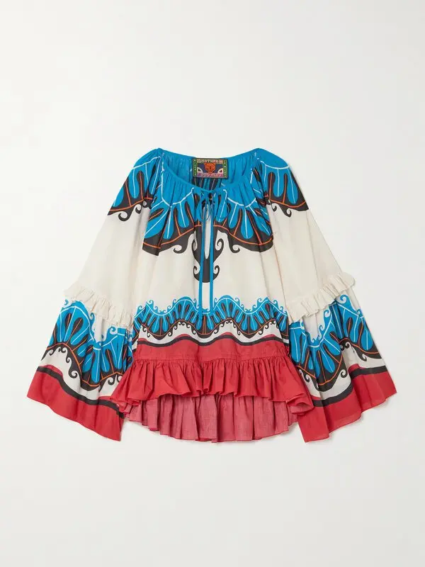 La DoubleJ Mother Printed Cotton Peplum Blouse - Blue
