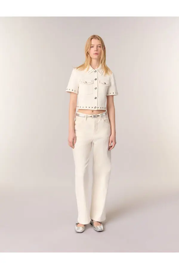 Maje Studded Cropped Cardigan - Neutral / White
