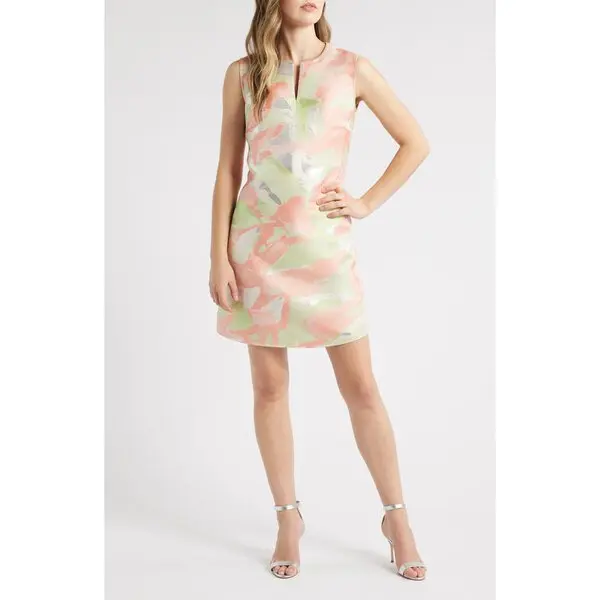 Ming Wang Metallic Abstract Jacquard Sheath Dress